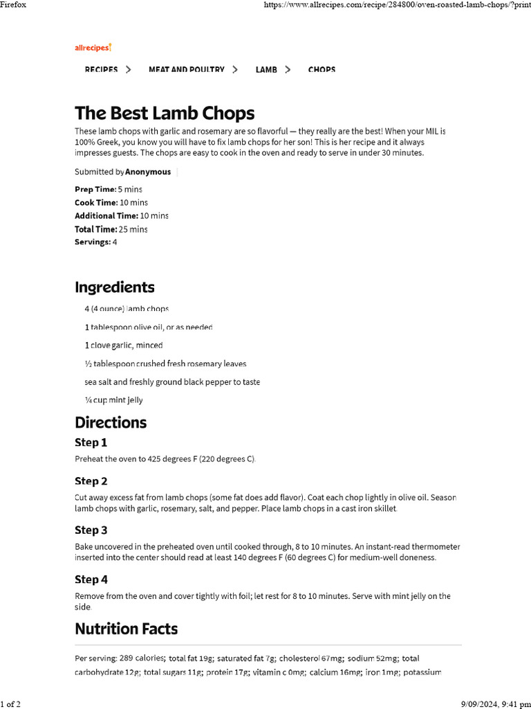Lamb Chops With Garlic and Rosemary | PDF
