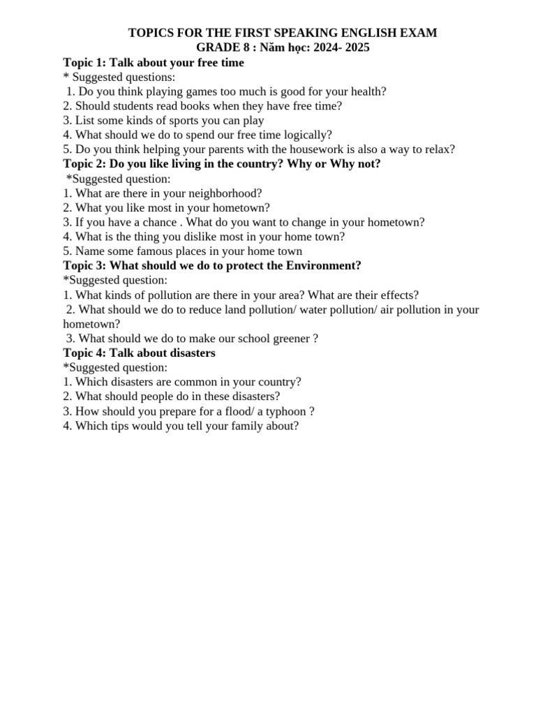 Topics For The First Speaking English Exam | PDF