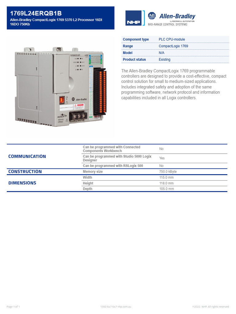 1769L24ERQB1B AU Compactlogix 1769 Controller Datasheet | PDF