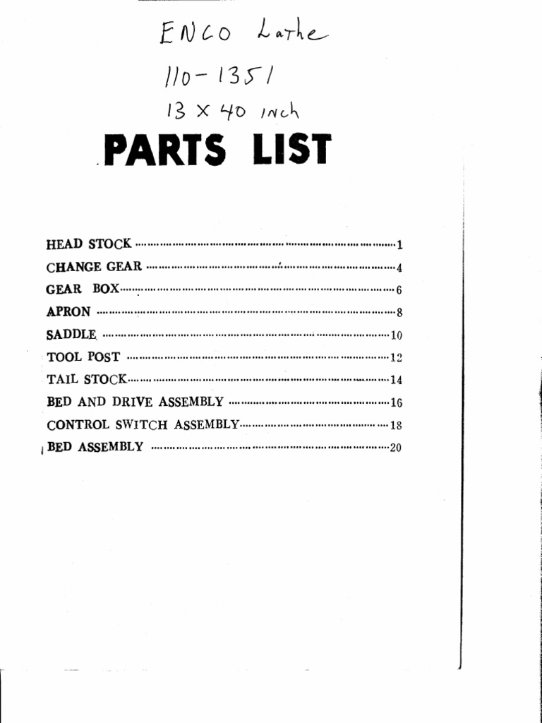 Enco-Lathe 110-1351 Parts List | PDF