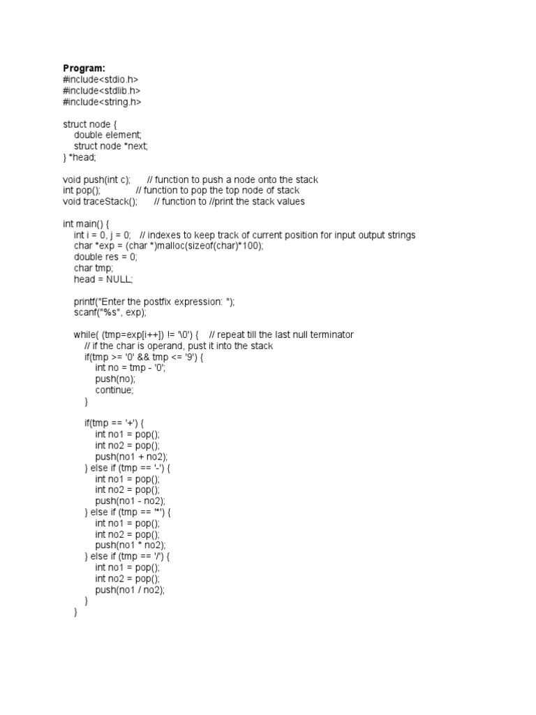 C Program To Implement Evaluation Of Postfix Expression Using Stack Pdf