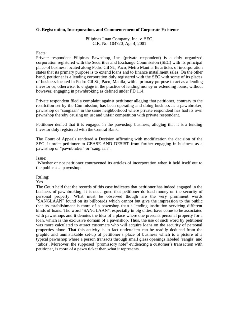 Pilipinas Loan Compay Vs SEC | PDF | Pawnbroker | U.S. Securities And ...