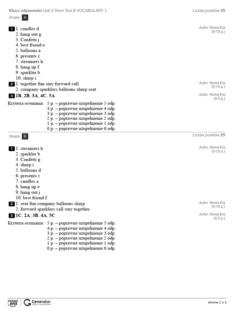Unit 3 Short Test B VOCABULARY 1 Klucz Odpowiedzi | PDF