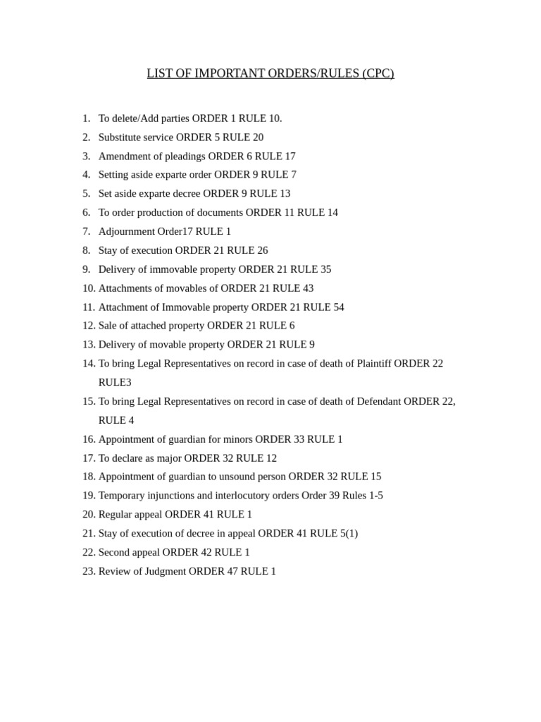 Important Orders Rules CPC | PDF
