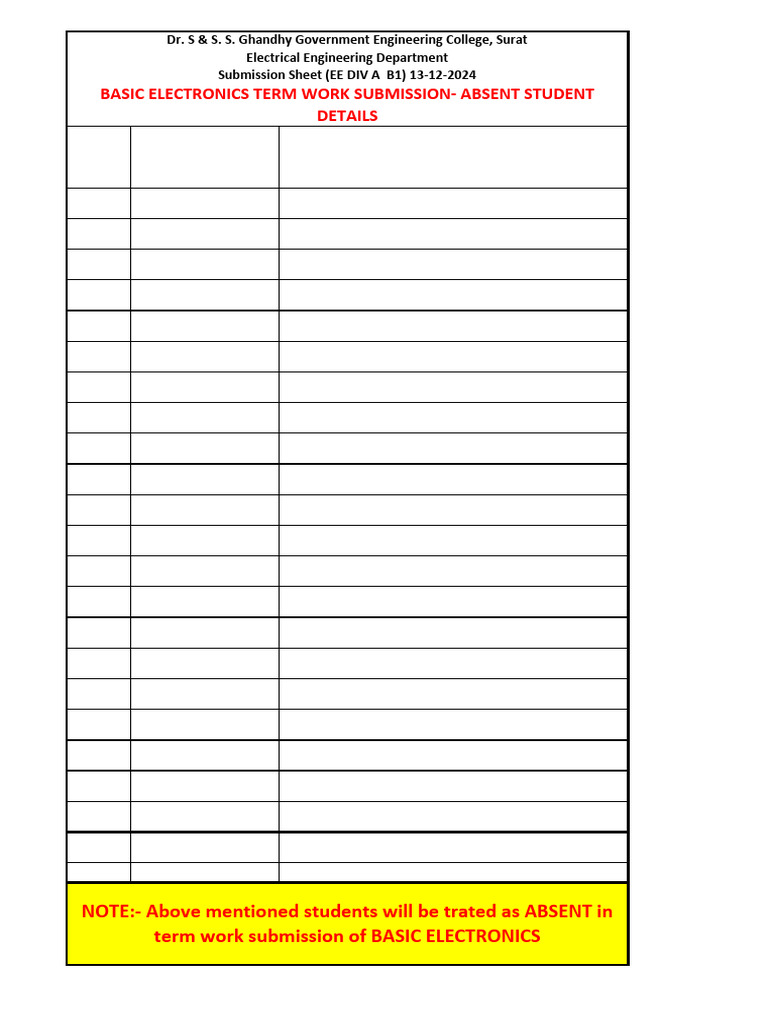Electrical Termwork Submission Absent Students Details | PDF