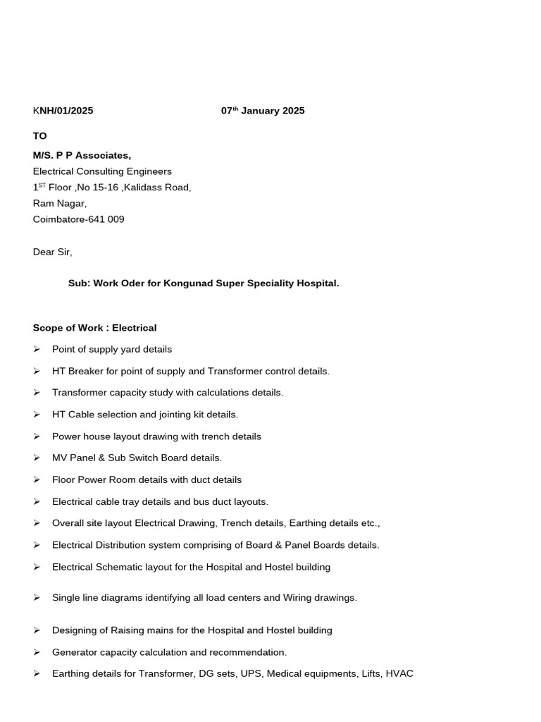 Electrical Work Order for Hospital Project | PDF