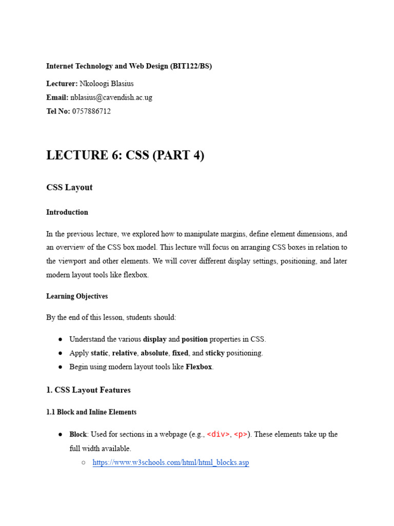 Lecture 6 - Internet Technology & Web Design | PDF | Html Element | Page Layout