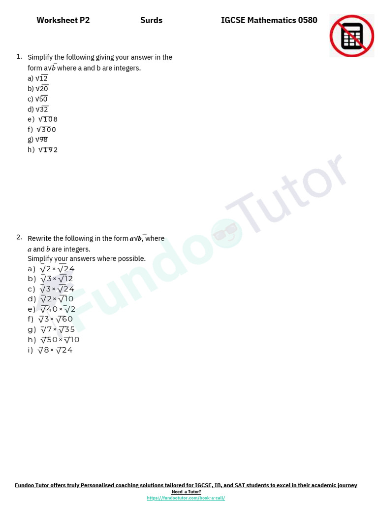 IGCSE Math 0580 Surds Worksheet P2 | PDF | Algebra | Mathematical Concepts