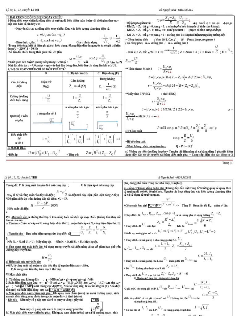 2021 - BANG TOM TAT CONG THUC VAT LY 12-điện xoay chiều | PDF