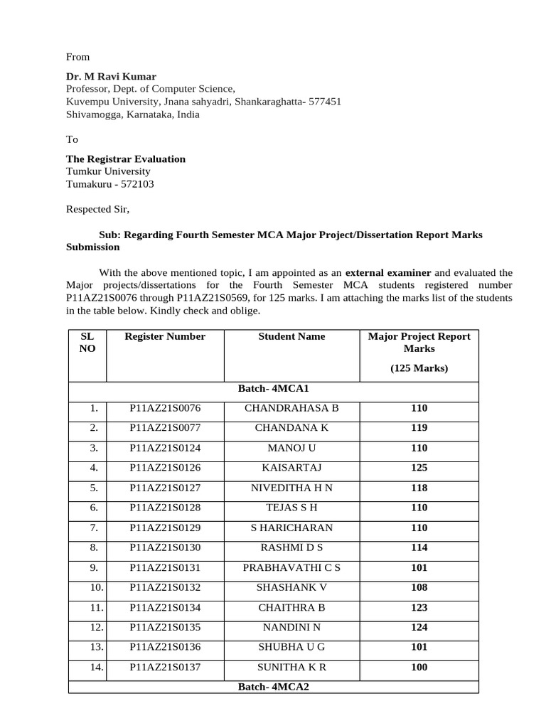 DR Ravi Kumar MCA Major Report Marks | PDF