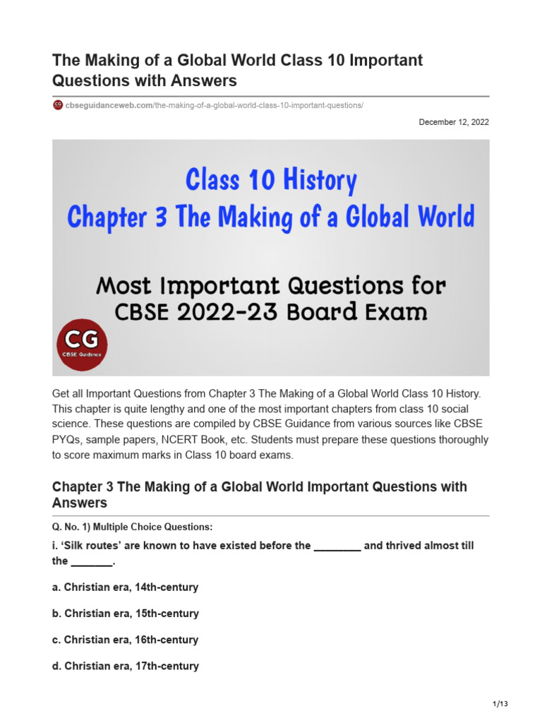 Class 10 Global World Key Questions | PDF | Bretton Woods System ...