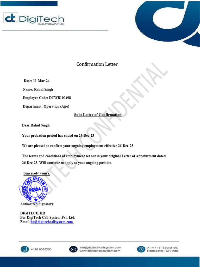 Rahul Singh - Confirmation Letter | PDF