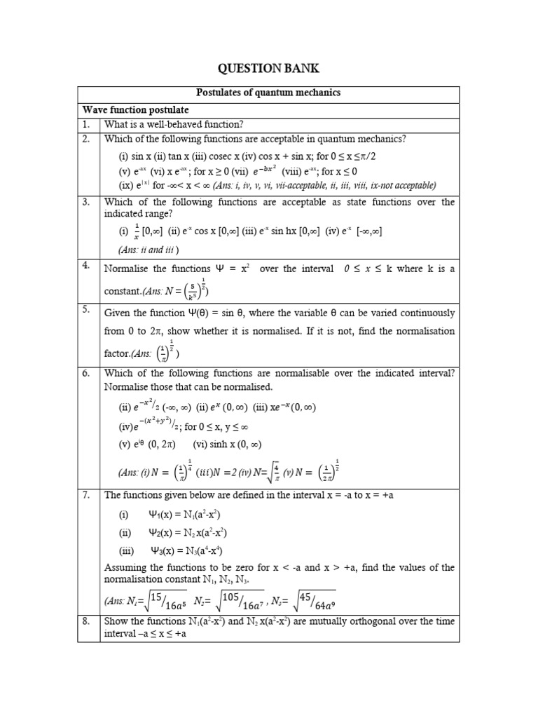 QUESTION BANK-Postulates of QM | PDF | Physical Sciences | Mathematical ...