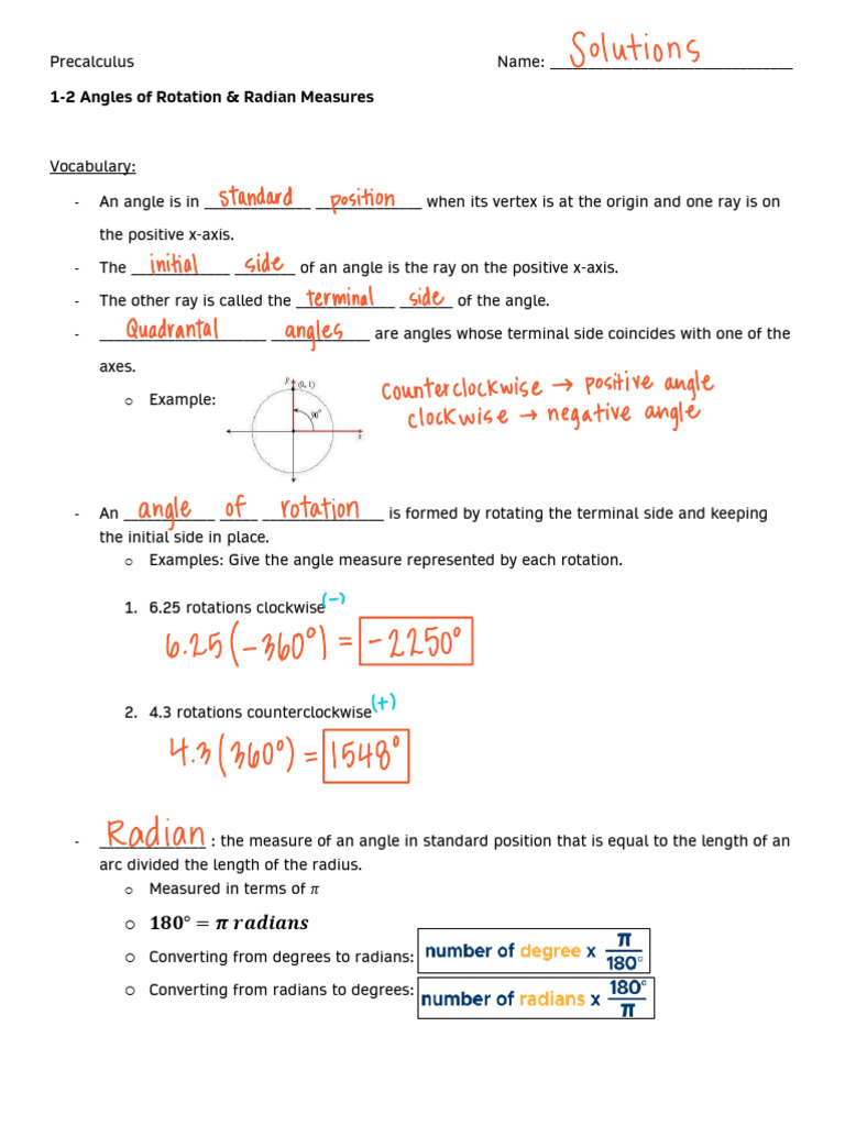 1.2 Angles of Rotation & Radian Measures Notes KEY | PDF