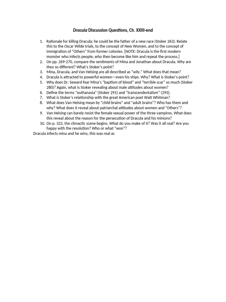 Dracula Discussion Questions Ch. XXIII-end | PDF