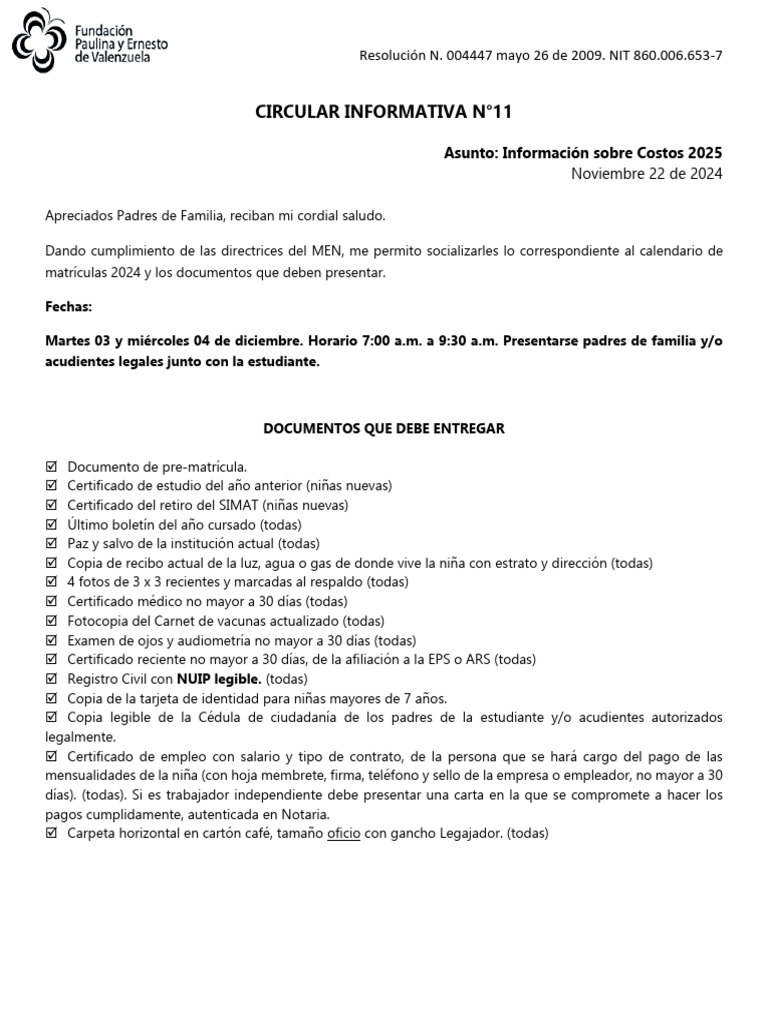 Circular Informativa de Costos 2025 N°11 | PDF | Documento de identidad