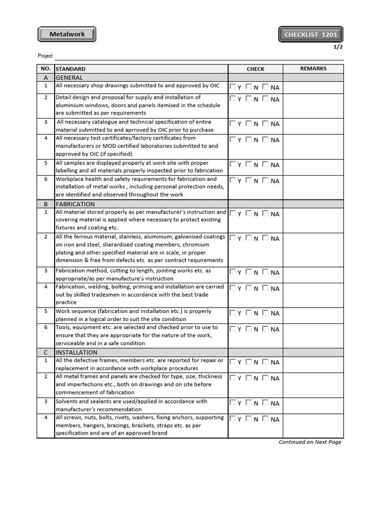 Metalwork Installation Checklist PDF | PDF | Metal Fabrication ...