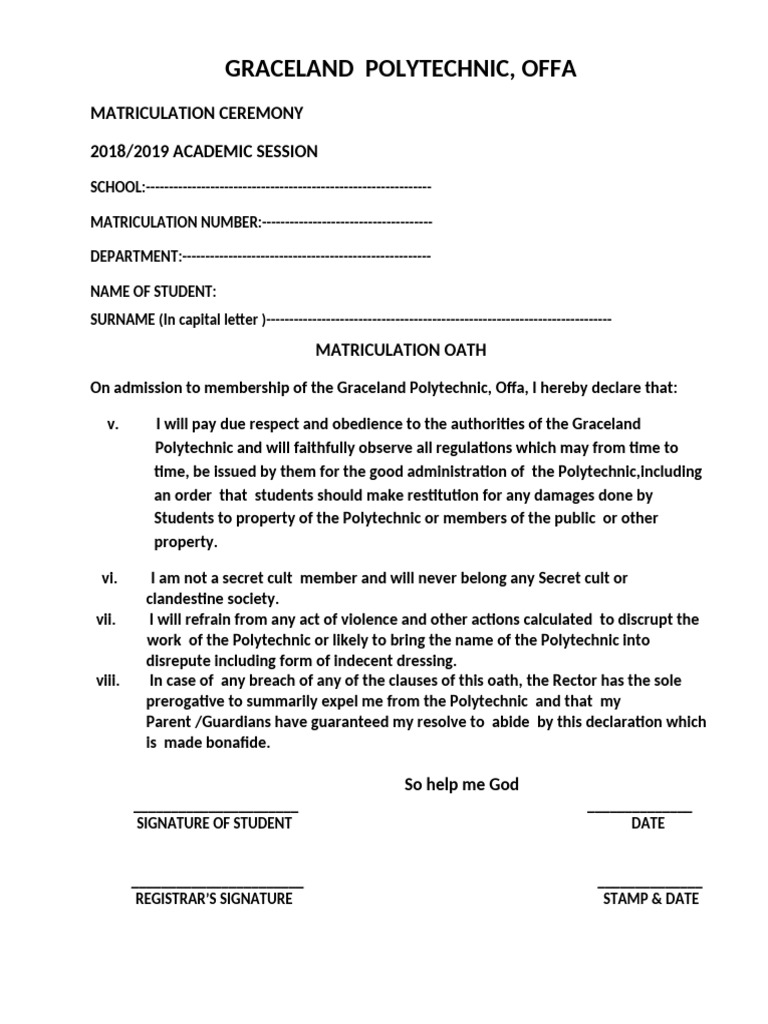 Graceland Polytechnic Matriculation Oath | PDF