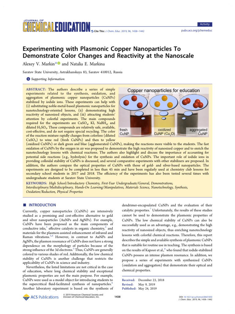 2019.markin - Experimenting With Plasmonic Copper Nanoparticles To | PDF | Redox | Chemical ...