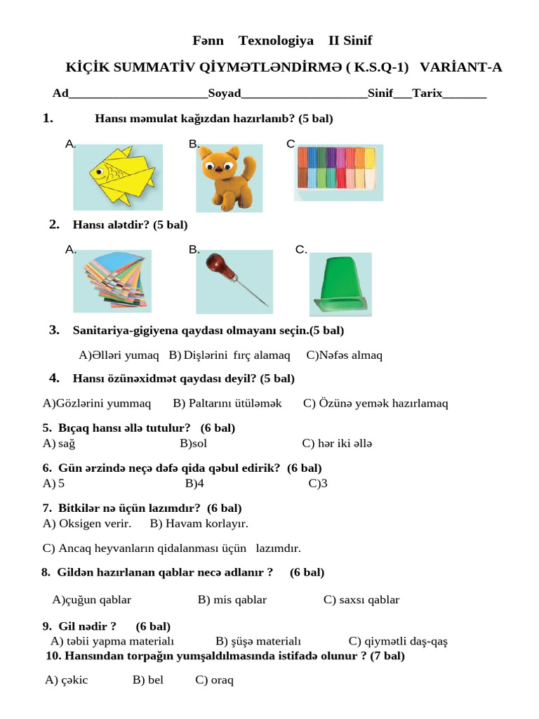 2 ci sinif TEXNOLOGİYA KSQ-1 Mütəllim Behbudov | PDF