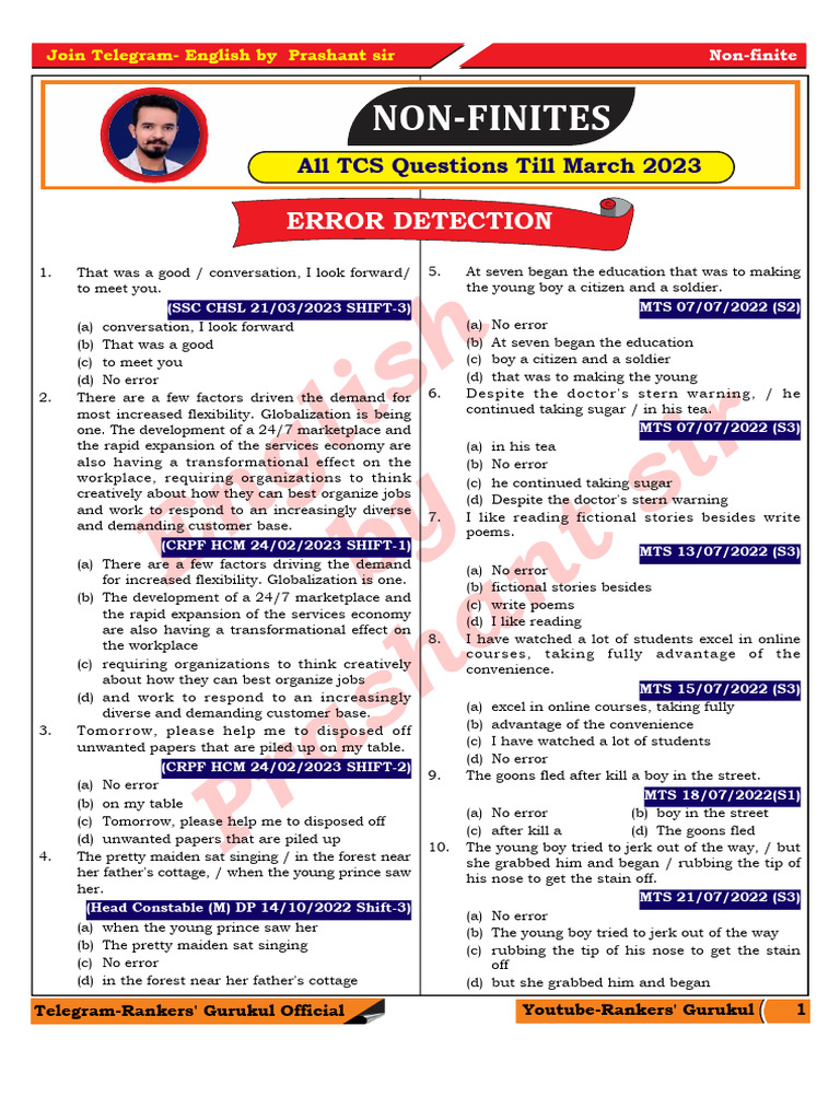 Non-Finite Verbs Error Detection Worksheet | PDF | Verb | Morphology