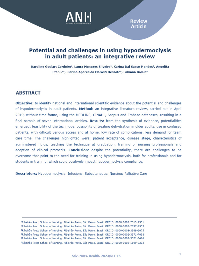 Potential and challenges in using hypodermoclysis | PDF | Intravenous ...