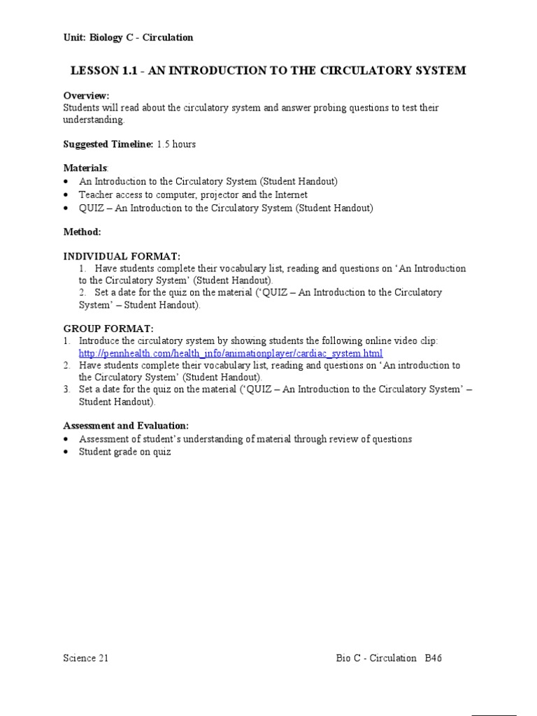 Biology C - Lesson 1 - Circulatory System | PDF | Atrium (Heart ...