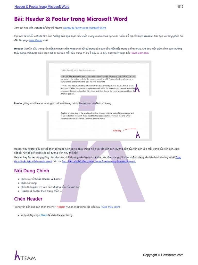 HOWKTEAM - VN - Header & Footer Trong Microsoft Word | PDF
