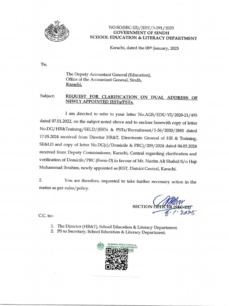 Letter To DAG Education AG Sindh Karachi For Clarificarion On Dual ...