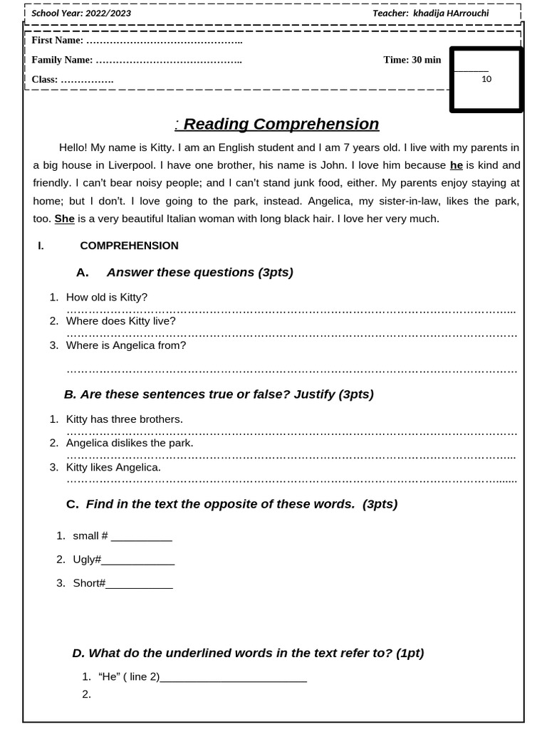 Quiz 2 Reading Comprehension Kitty | PDF
