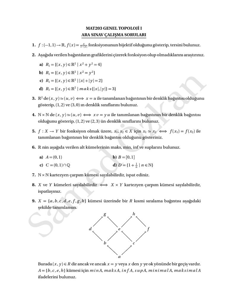 MAT203 Genel Topoloji I Ara Sınav Çalışma Soruları | PDF