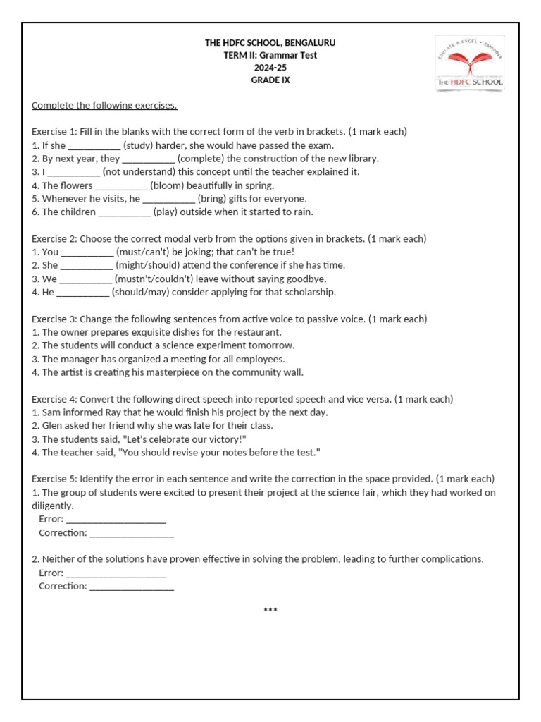 Grade 9 Grammar Test | PDF