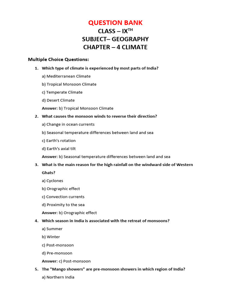 Class 9 Geography Chapter 4 Climate Q&A | PDF | Monsoon | Rain