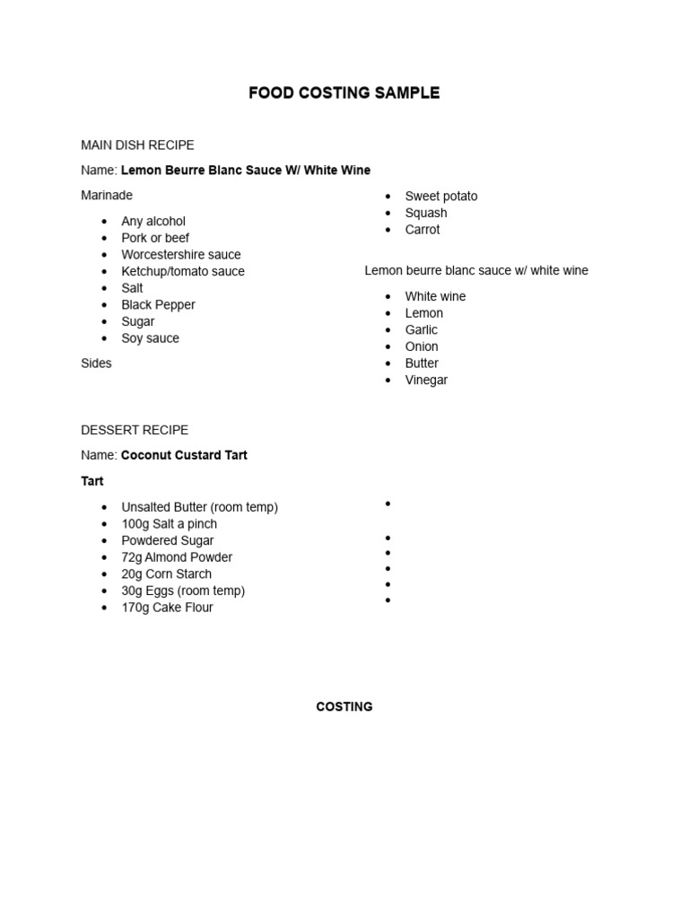 Food Costing Sample | PDF | Sauce | Custard