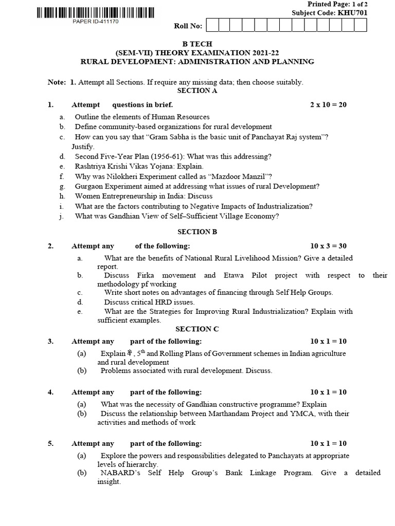 Btech Hu 7 Sem Rural Development Khu701 2022 | PDF | Economies