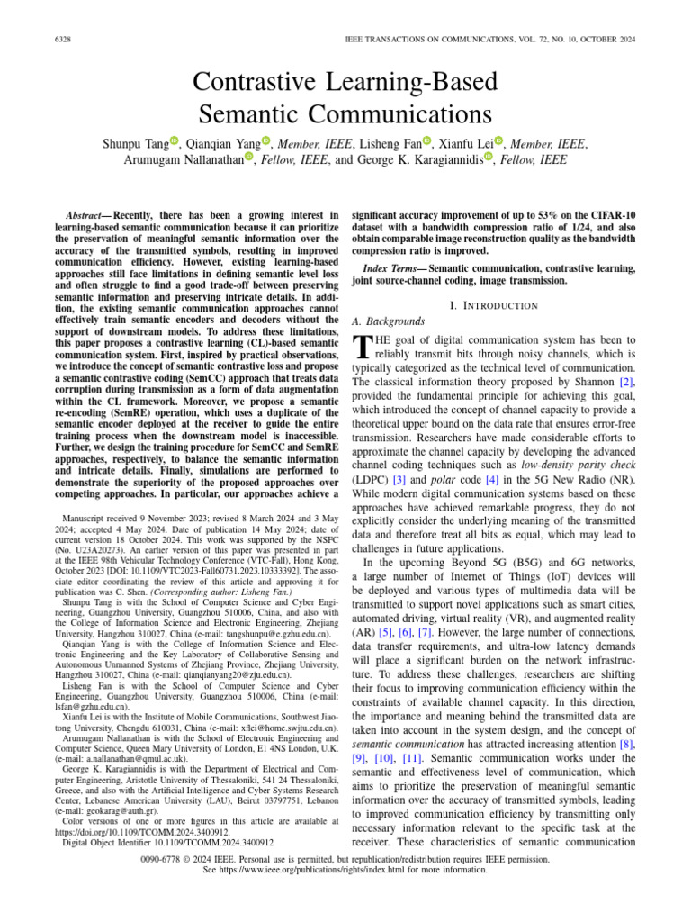 Contrastive Learning-Based Semantic Communications | PDF | Data Compression | Information