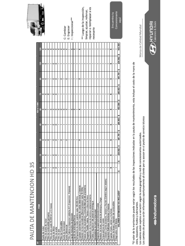 Pauta de Mantencion Hyundai HD35 | PDF