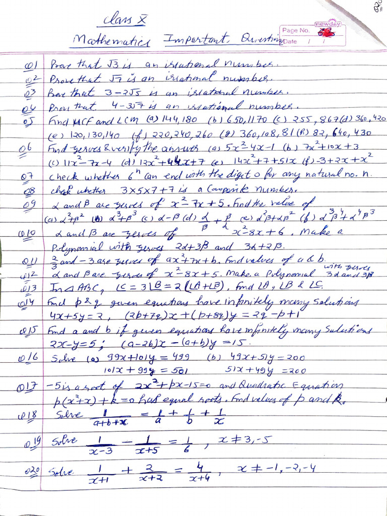 10th Class Math Important Questions | PDF