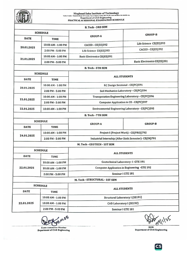Practical & Sessional Exam Schedule - 1 | PDF