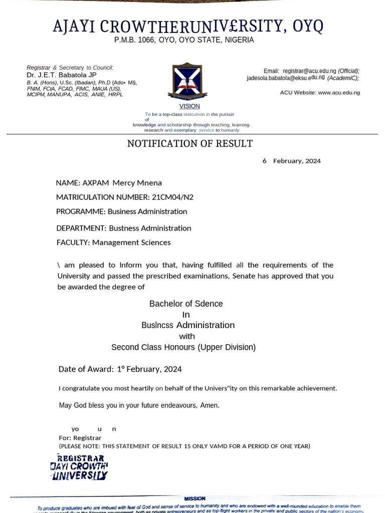 ACU Degree Award Notification 2024 | PDF