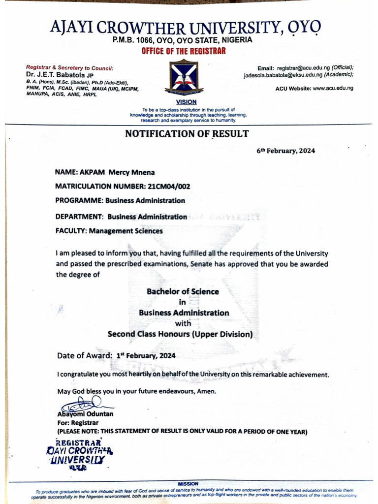 Akpam Mercy's Notification of Result | PDF