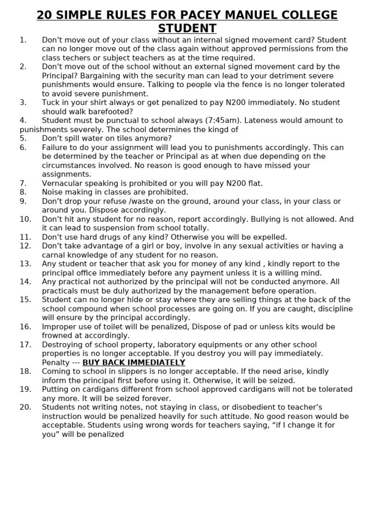 20 simple rules for Pacey Manuel student | PDF | Justice | Crime & Violence
