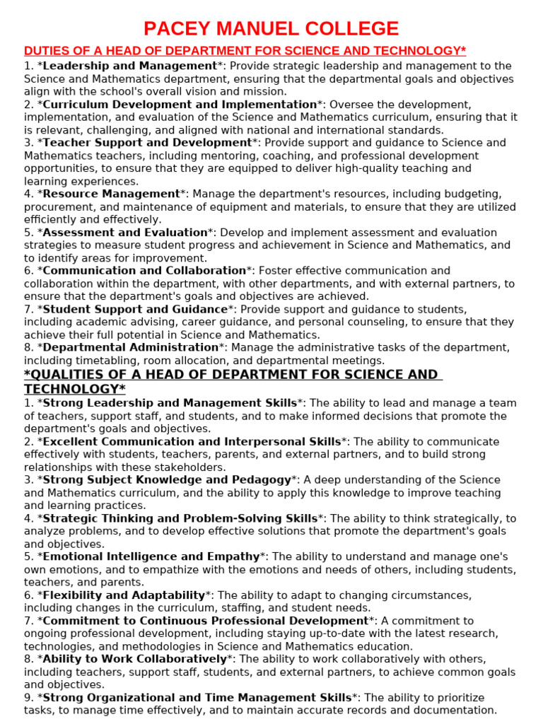 PACEY MANUEL COLLEGE Duties of A Head of Department For Science and ...