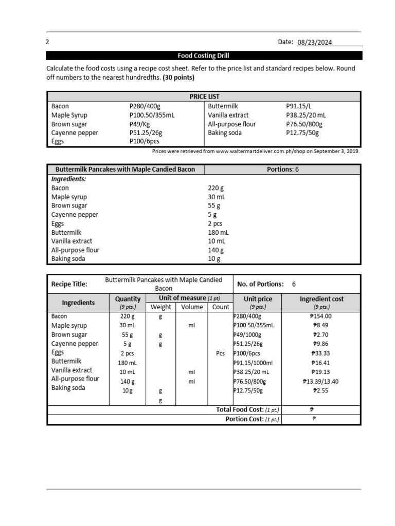 Culinary Costing for Students | PDF | Maple Syrup | Pancake