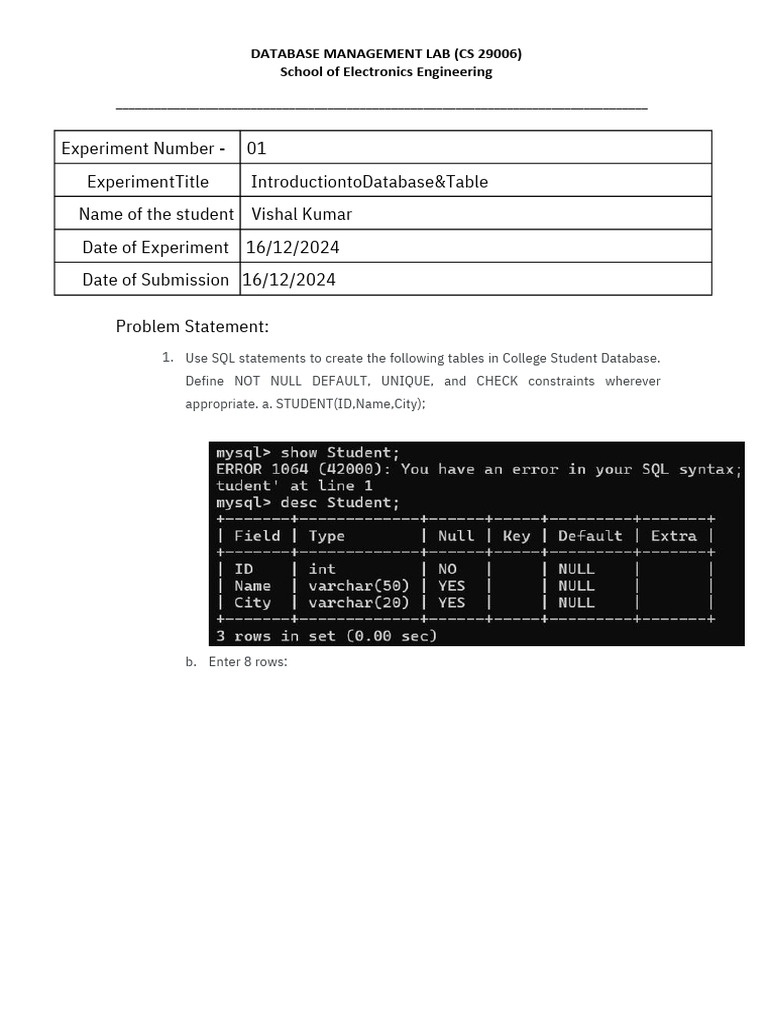 Database Management Lab (Cs 29006) School of Electronics Engineering | PDF