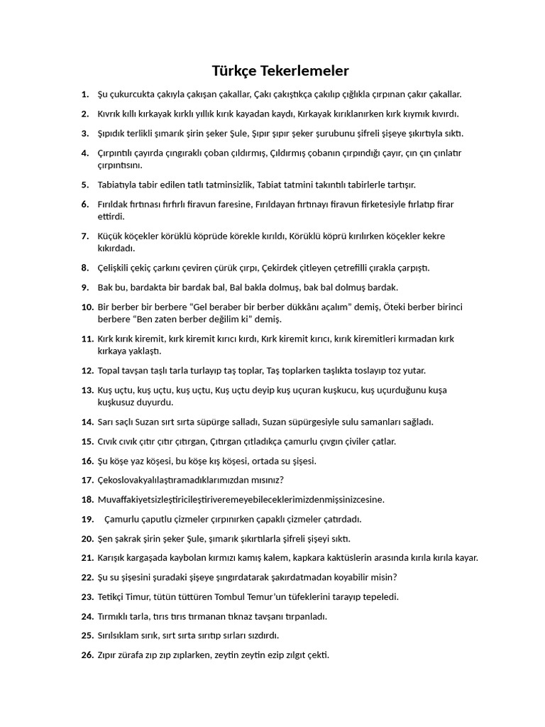 Bazı Türkçedeki Telaffuzu Zor Tekerlemeler (Otomatik Kurtarıldı) | PDF