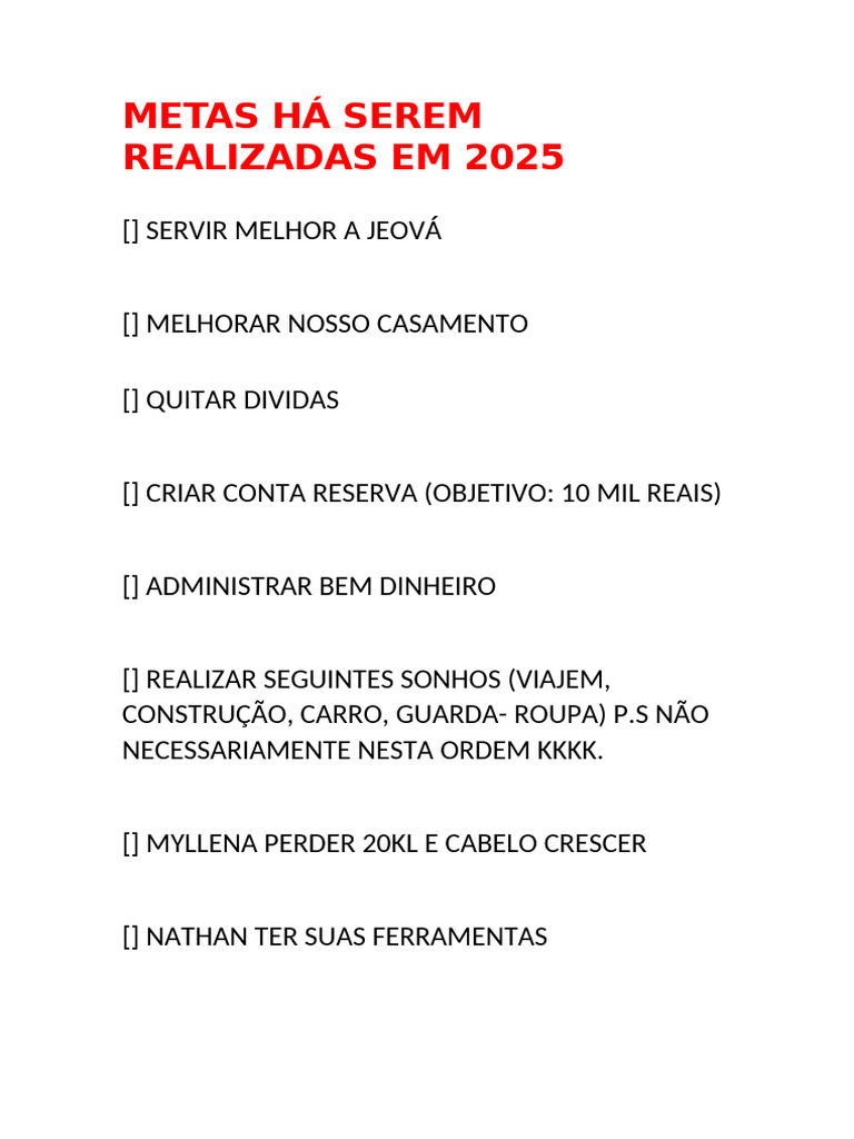 Metas Pessoais para 2025 | PDF