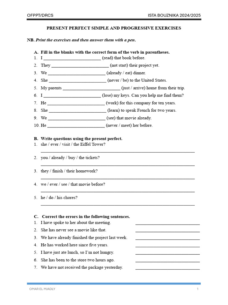 Present Perfect Simple and Progressive Exercises | PDF