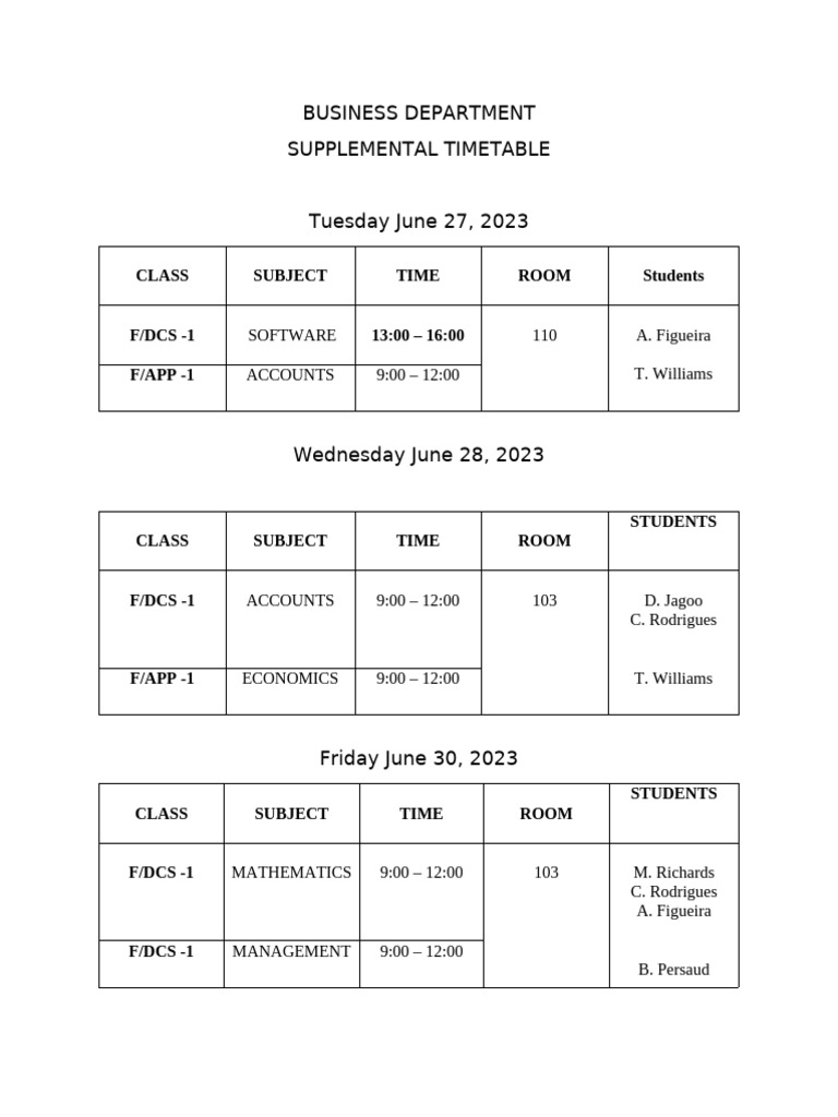 Supplemental Timetable | PDF