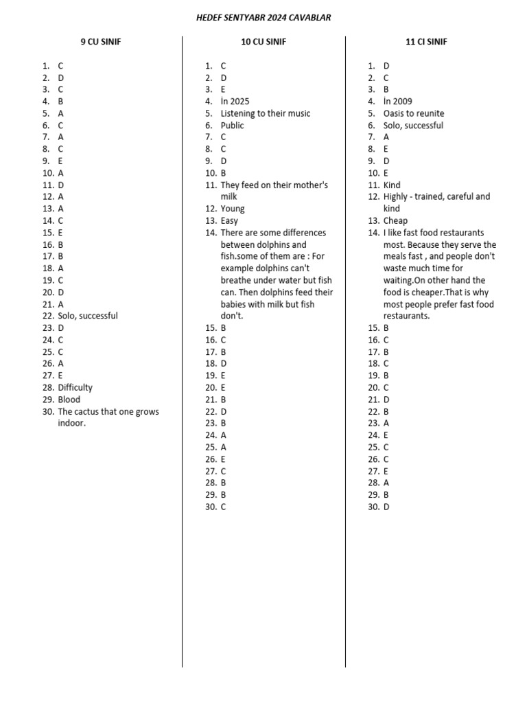 Hedef Sentyabr 2024 Cavablar | PDF